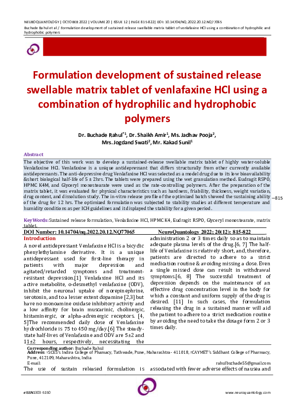 Pdf Formulation Development Of Sustained Release Swellable Matrix Tablet Of Venlafaxine Hcl