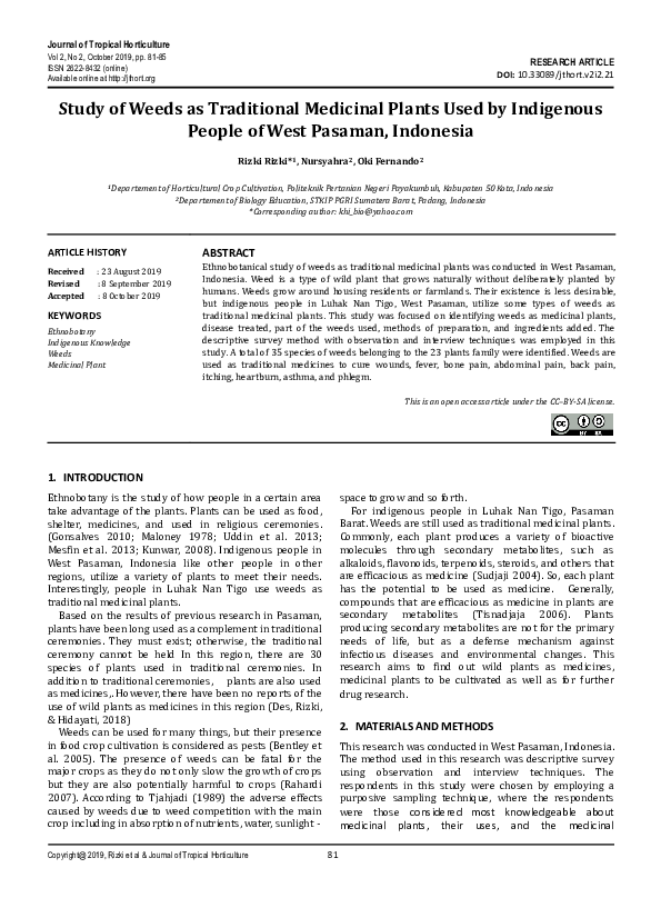 (PDF) Study of Weeds as Traditional Medicinal Plants Used by Indigenous ...