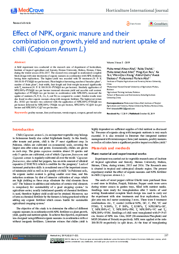 Pdf Effect Of Npk Organic Manure And Their Combination On Growth