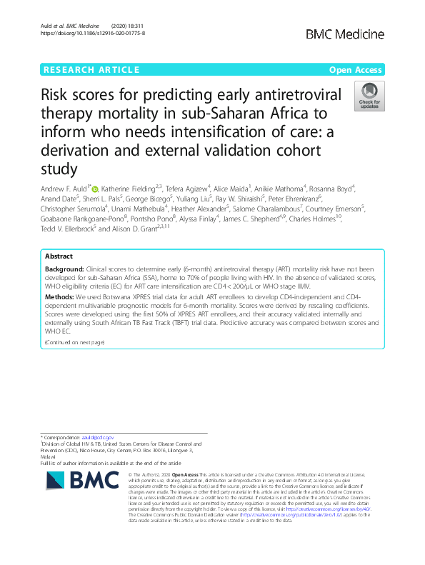 Pdf Risk Scores For Predicting Early Antiretroviral Therapy Mortality