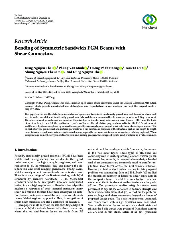(PDF) Bending of Symmetric Sandwich FGM Beams with Shear Connectors | Tam Nguyen Duc - Academia.edu