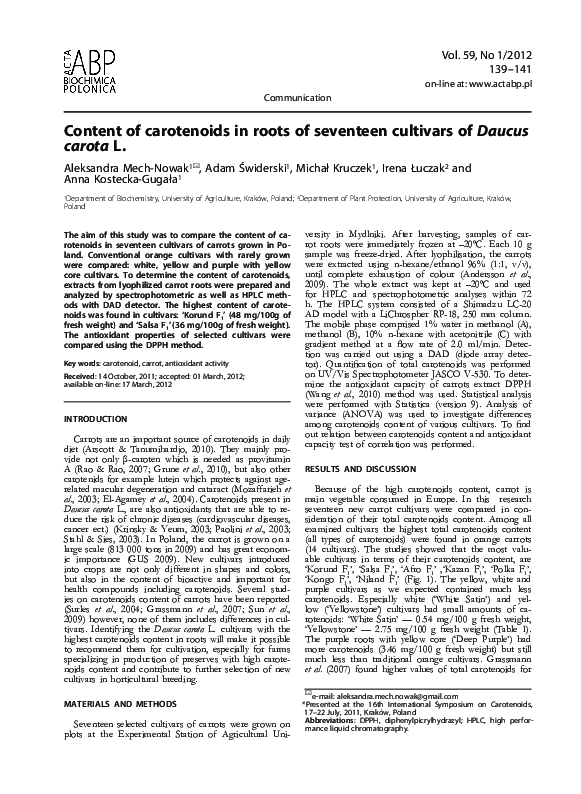 (PDF) Content of carotenoids in roots of seventeen cultivars of Daucus carota L