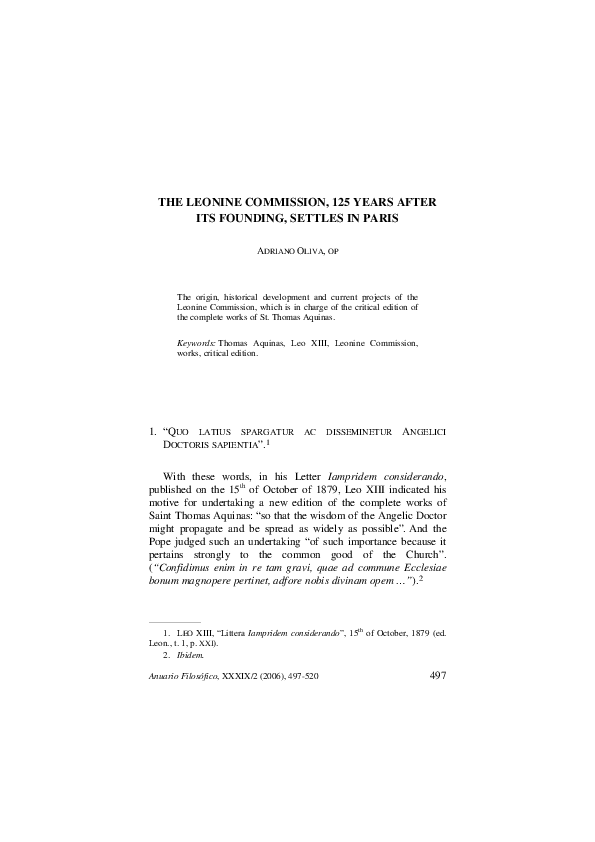 (PDF) The Leonine Commission, 125 Years after Its Founding, Settles in ...