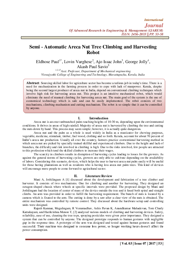 (PDF) Semi-Automatic Areca Nut Tree Climbing and Harvesting Robot