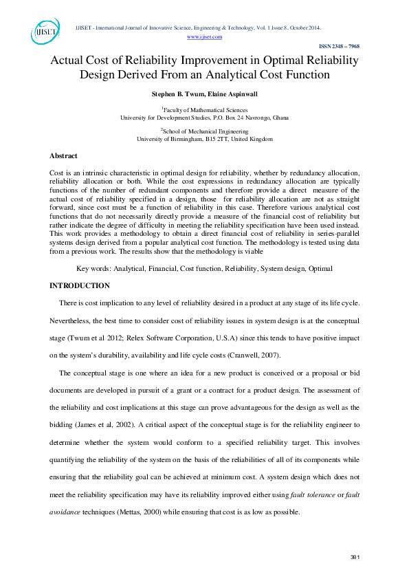 (PDF) Actual Cost of Reliability Improvement in Optimal Reliability Design Derived From an ...