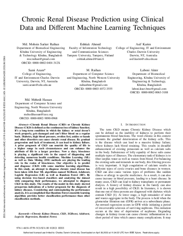 (PDF) Chronic Renal Disease Prediction using Clinical Data and Different Machine Learning Techniques