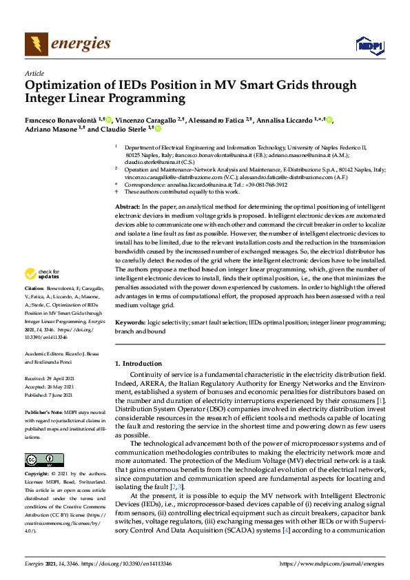 (PDF) Optimization of IEDs Position in MV Smart Grids through Integer Linear Programming