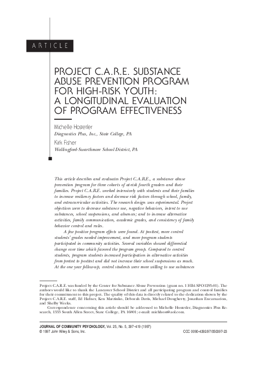 (PDF) Project C.A.R.E. substance abuse prevention program for high‐risk ...