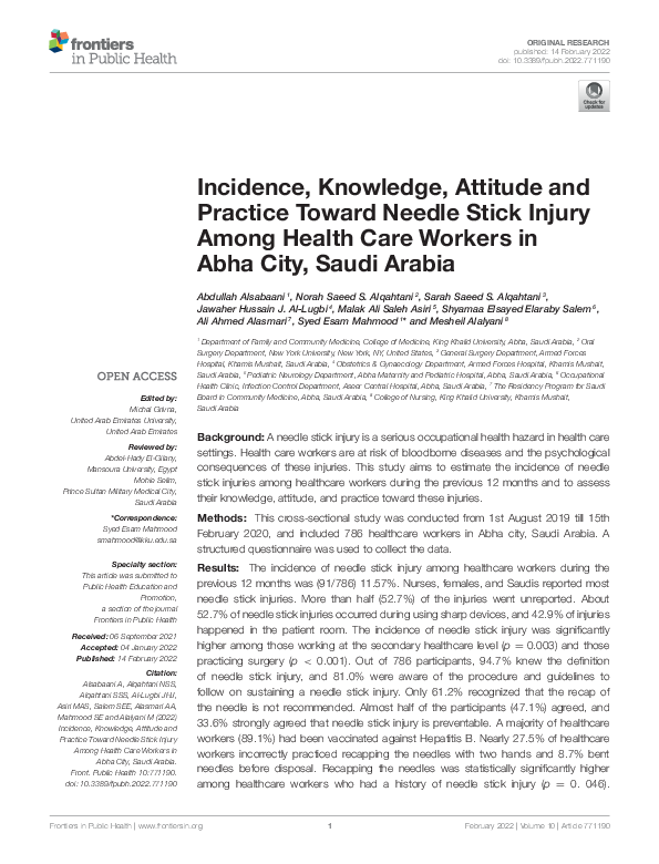 (PDF) Incidence, Knowledge, Attitude and Practice Toward Needle Stick Injury Among Health Care ...