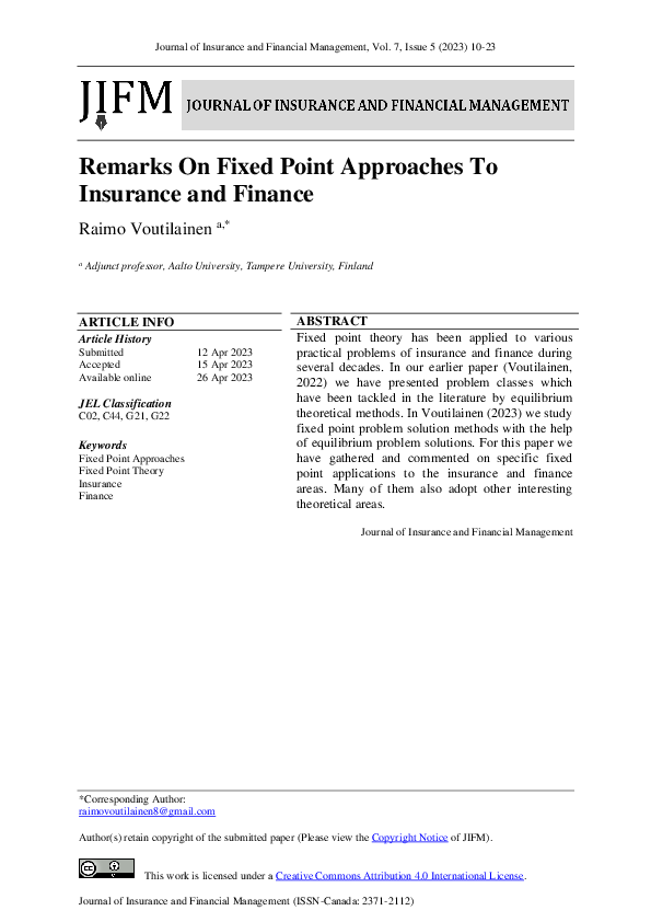 (PDF) Remarks On Fixed Point Approaches To Insurance and Finance