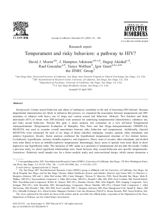 (PDF) Temperament and risky behaviors: a pathway to HIV?