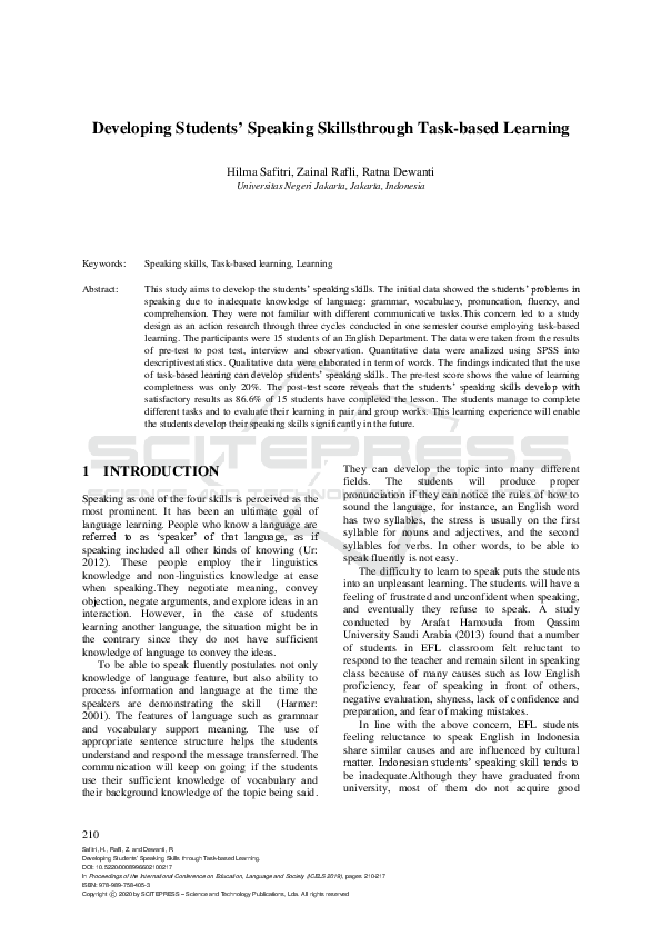(PDF) Developing Students’ Speaking Skills through Task-based Learning