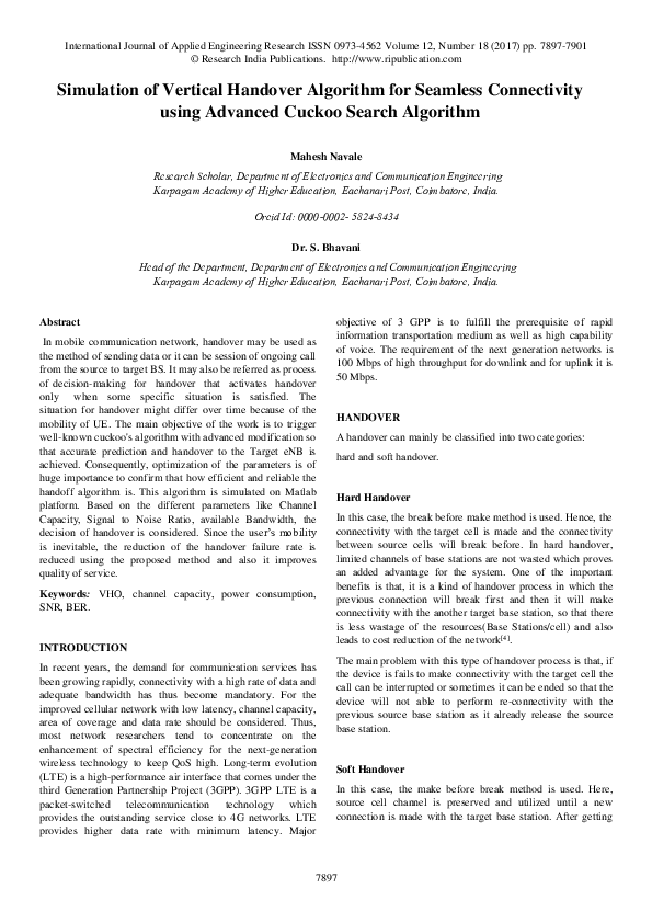 Pdf Simulation Of Vertical Handover Algorithm For Seamless Connectivity Using Advanced Cuckoo 