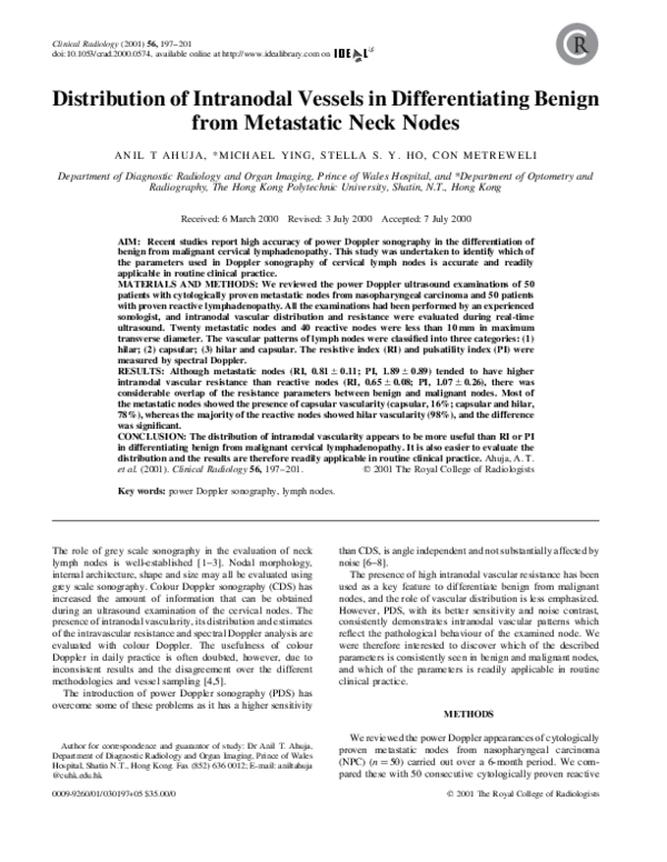 (PDF) Distribution of Intranodal Vessels in Differentiating Benign from ...