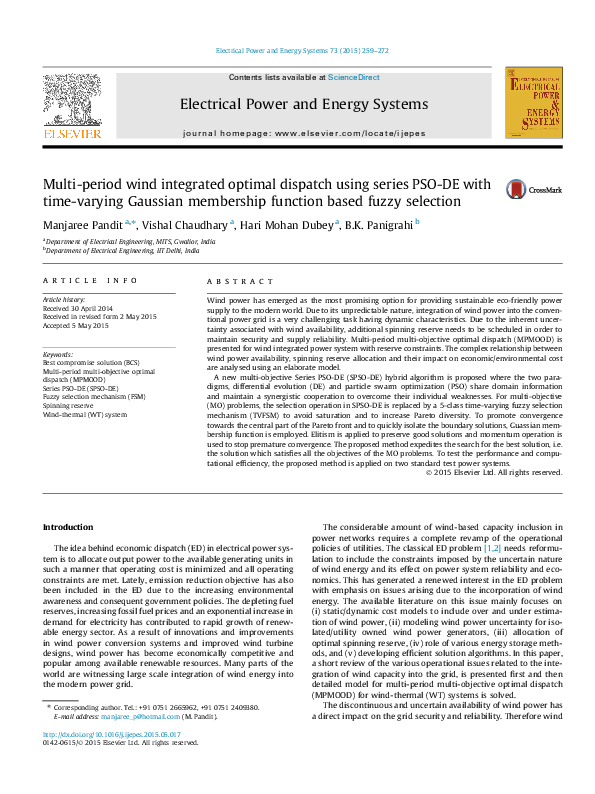 (PDF) Multi-period wind integrated optimal dispatch using series PSO-DE with time-varying ...
