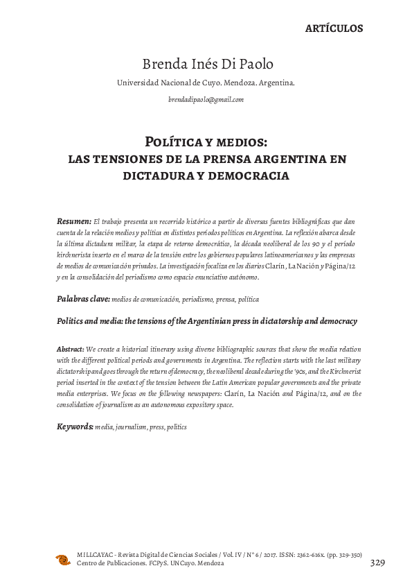 (PDF) Política y medios: las tensiones de la prensa argentina en dictadura y democracia