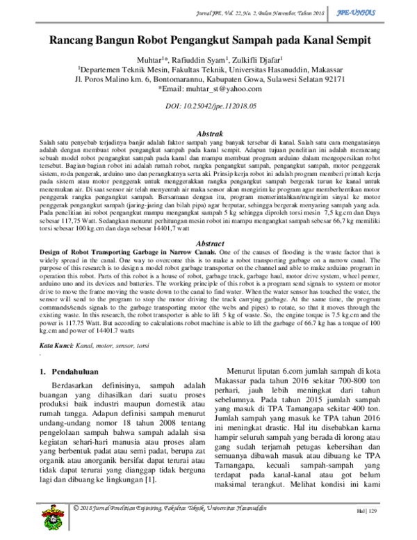 Pdf Rancang Bangun Robot Pengangkut Sampah Pada Kanal Sempit