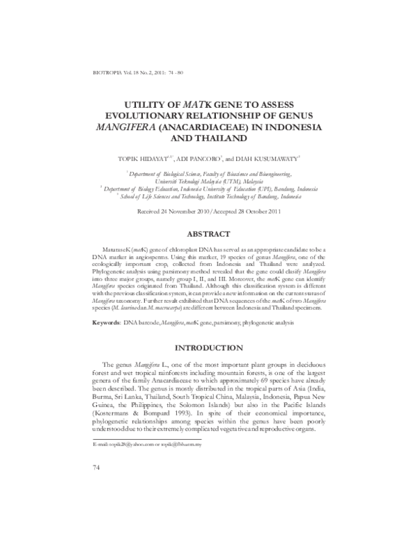 (PDF) Utility of matK Gene as DNA Barcode to Assess Evolutionary ...