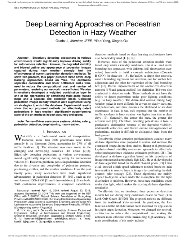 (PDF) Deep Learning Approaches on Pedestrian Detection in Hazy Weather