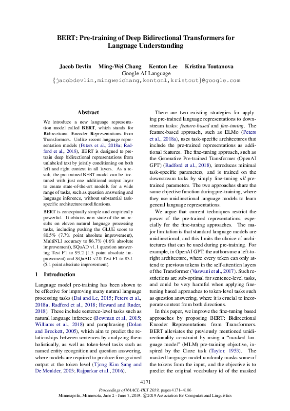 (PDF) BERT: Pre-training of Deep Bidirectional Transformers for Language Understanding | ANH LÊ ...