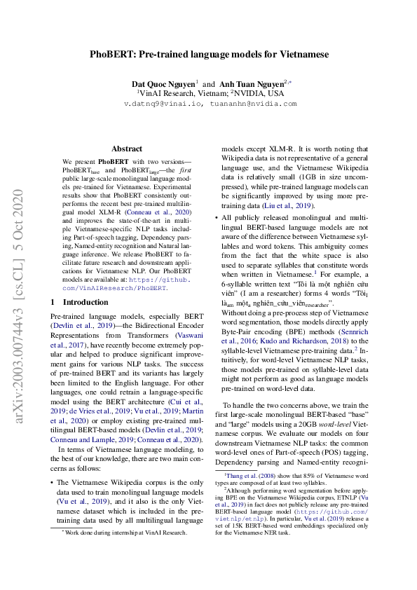 (PDF) PhoBERT: Pre-trained language models for Vietnamese