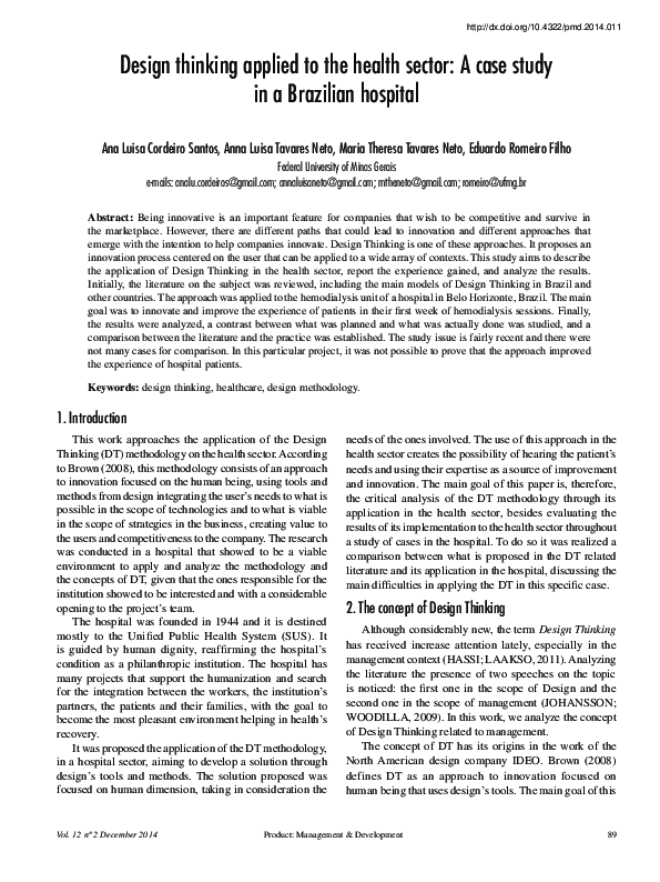 (PDF) Design thinking applied to the health sector: A case study in a ...