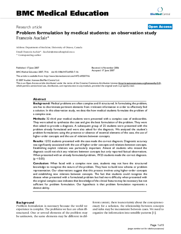 (PDF) Problem formulation by medical students: an observation study | Francois Auclair ...