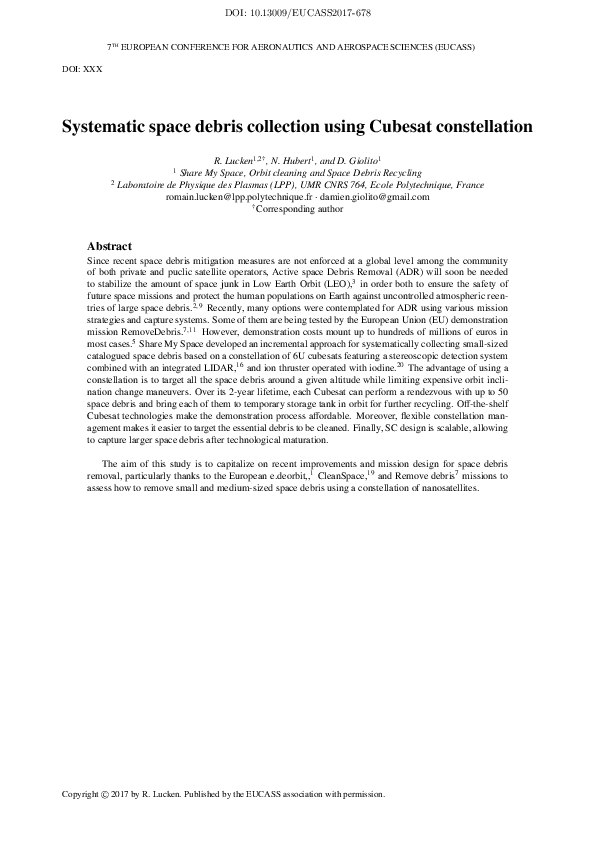 (PDF) Cubesat Constellation for Space Debris Removal