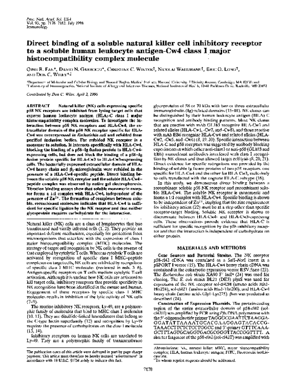 (PDF) p58 NK Receptor Binding to HLA-Cw4 Mol
