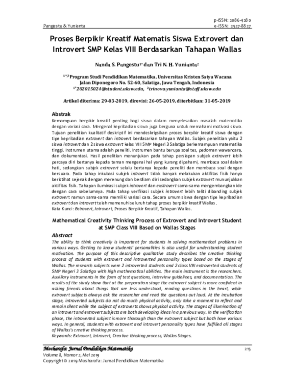 (PDF) Proses Berpikir Kreatif Matematis Siswa Extrovert dan Introvert SMP Kelas VIII Berdasarkan ...