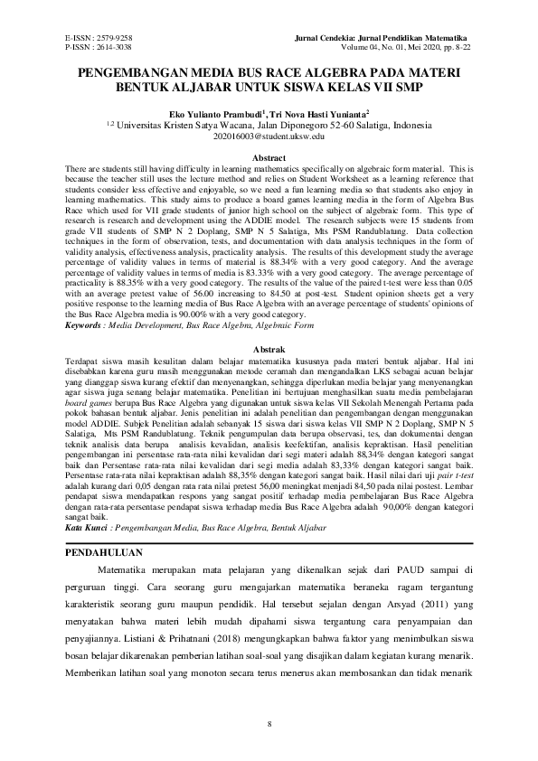 (PDF) Pengembangan Media Bus Race Algebra Pada Materi Bentuk Aljabar ...