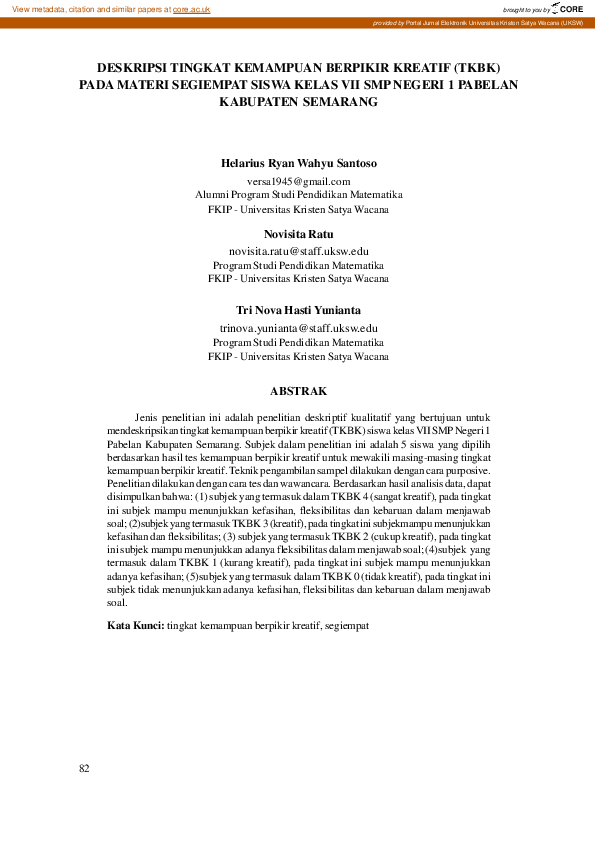 (PDF) Deskripsi Tingkat Kemampuan Berpikir Kreatif (TKBK)Pada Materi ...