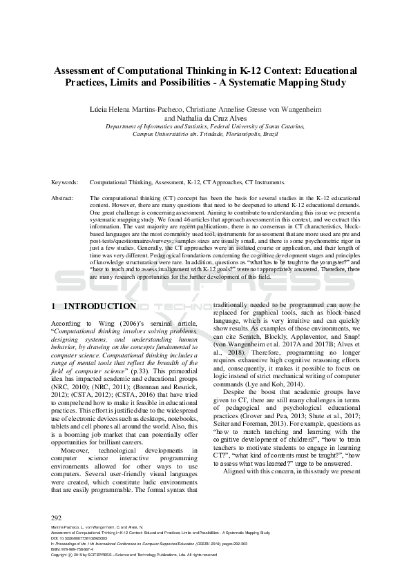 Pdf Assessment Of Computational Thinking In K 12 Context Educational Practices Limits And