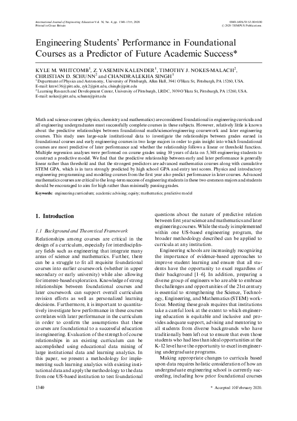 (PDF) Engineering Students’ Performance in Foundational Courses as a ...