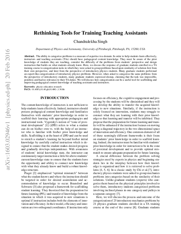 (PDF) Rethinking Tools for Training Teaching Assistants | chandralekha singh - Academia.edu