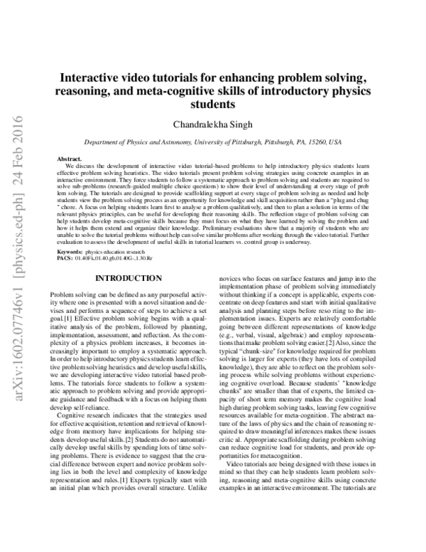 Pdf Interactive Video Tutorials For Enhancing Problem Solving Reasoning And Meta Cognitive