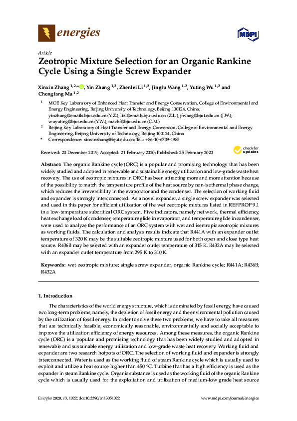 Pdf Zeotropic Mixture Selection For An Organic Rankine Cycle Using A Single Screw Expander