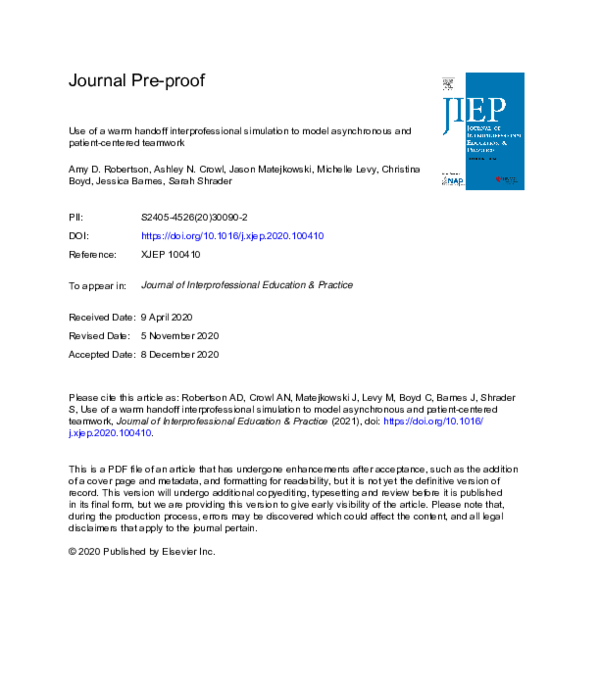 (PDF) Use of a warm handoff interprofessional simulation to model ...