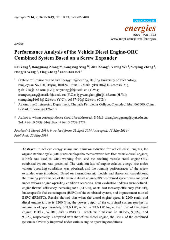 (PDF) Article Performance Analysis of the Vehicle Diesel Engine-ORC Combined System Based on a ...
