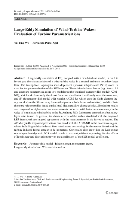 Pdf Large Eddy Simulation Of Wind Turbine Wakes Evaluation Of