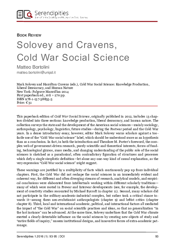 (PDF) Solovey and Cravens, Cold War Social Science