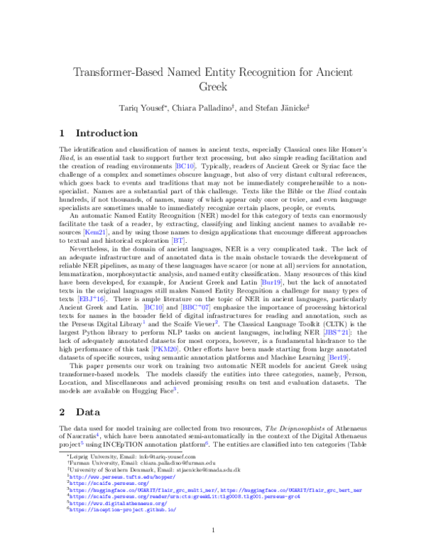 Pdf Transformer Based Named Entity Recognition For Ancient Greek Pre Print Chiara