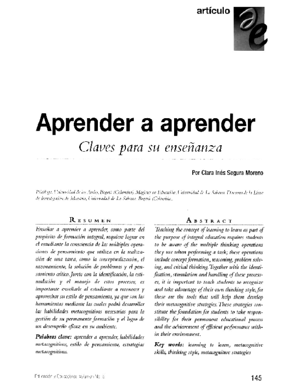 (PDF) Aprender a aprender: claves para su enseñanza