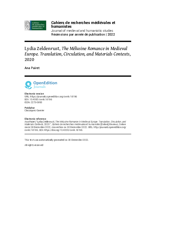 (PDF) Lydia Zeldenrust, The Mélusine Romance in Medieval Europe ...