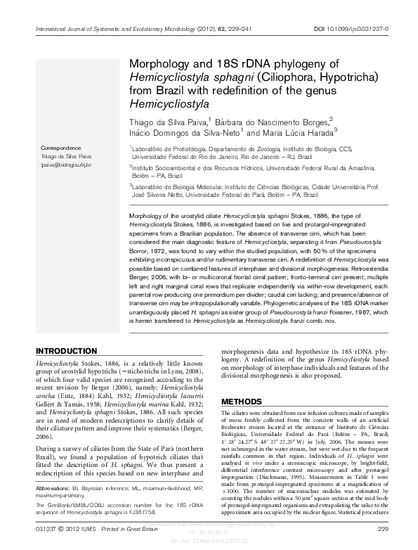 (PDF) Morphology and 18S rDNA phylogeny of Hemicycliostyla sphagni ...