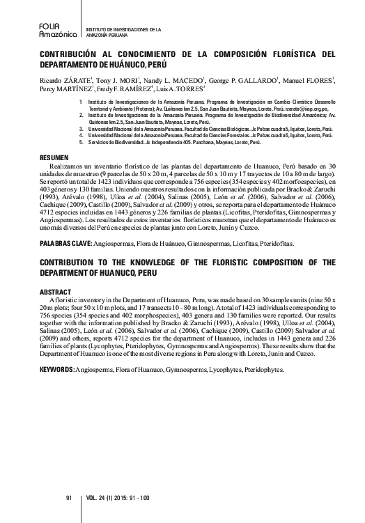 (PDF) Contribución Al Conocimiento De La Composición Florística Del Departamento De Huánuco ...