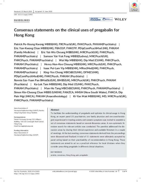 (PDF) Consensus statements on the clinical uses of pregabalin for Hong Kong