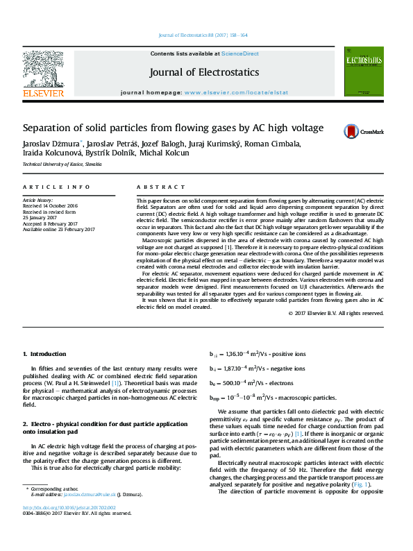 (PDF) Separation of solid particles from flowing gases by AC high voltage