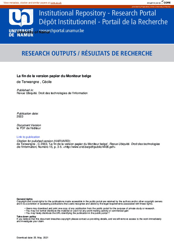 (PDF) La fin de la version papier du Moniteur belge