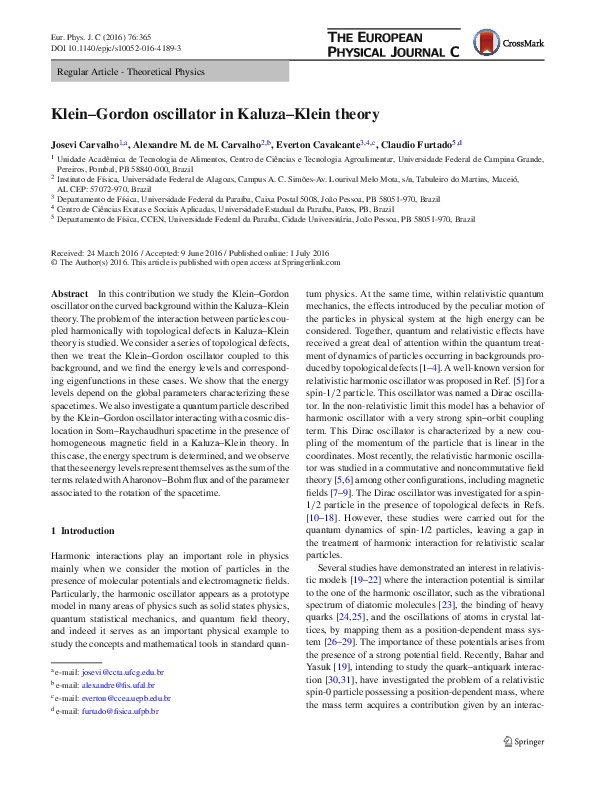 (PDF) Klein–Gordon oscillator in Kaluza–Klein theory